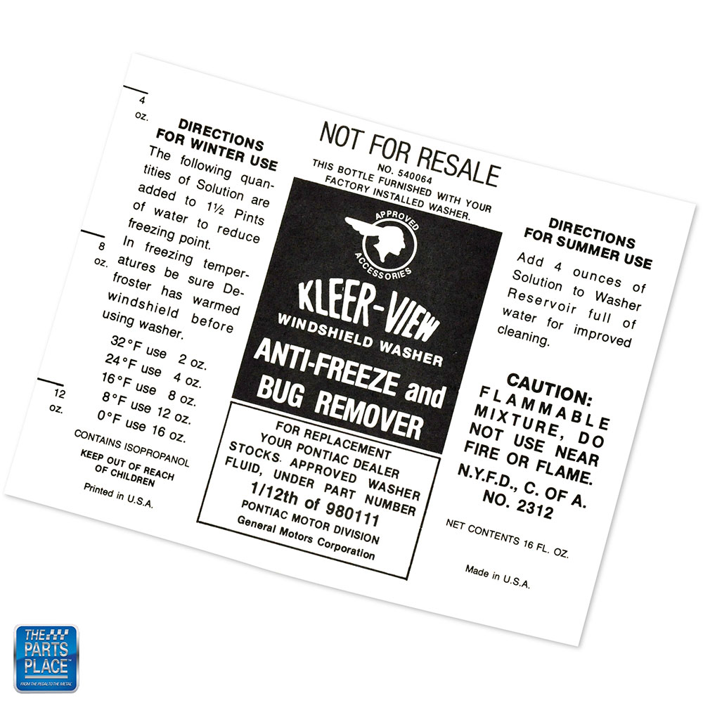 1963-1967 Pontiac Kleer-View Windshield Washer Filler Bottle Decal GM ...