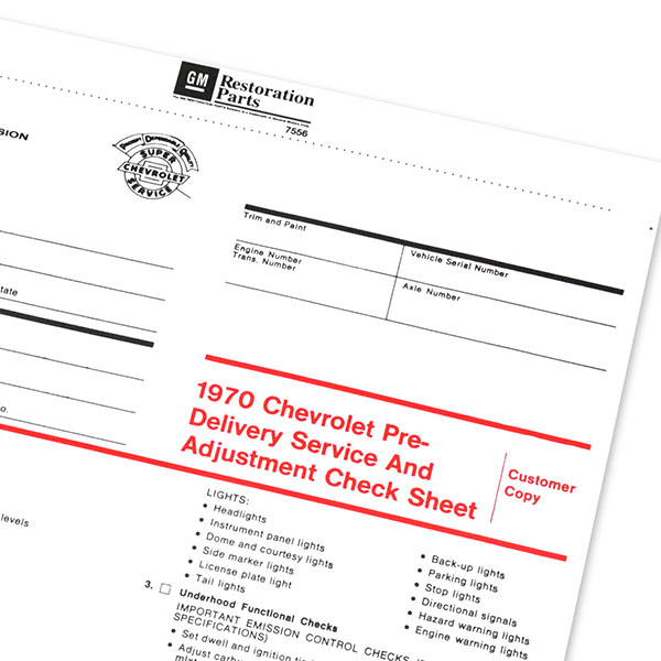 1970 Chevrolet Camaro NEW CAR FACTORY PRE-DELIVERY INSPECTION SHEET EA ...