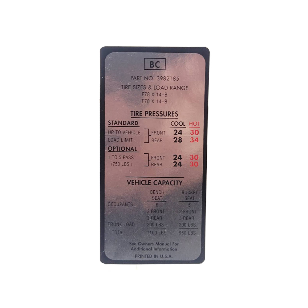 1970 Chevrolet Chevelle/Malibu TIRE PRESSURE DECAL- LS6 (DC1396 ...