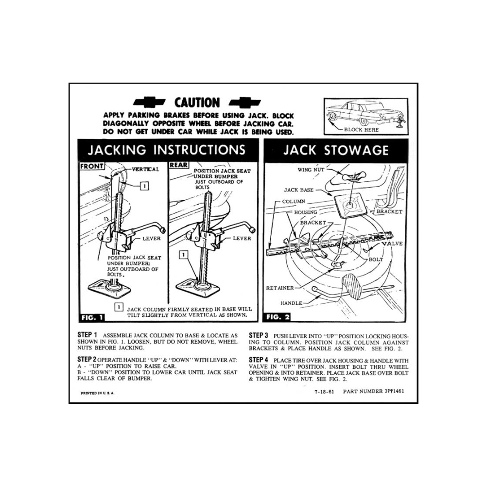 1962 Chevrolet Nova/Chevy II JACK STOWAGE AND JACKING INSTRUCTION DECAL ...