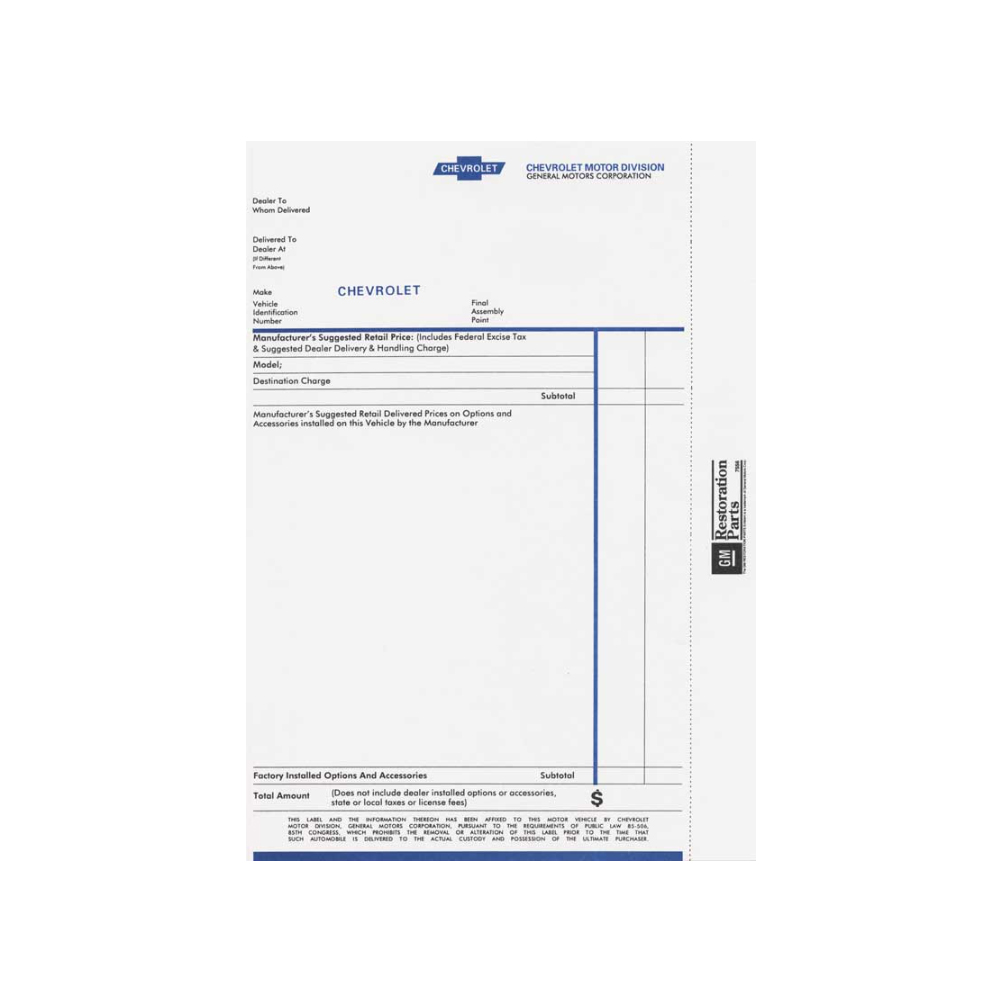 1966 Chevrolet Chevelle/Malibu NEW VEHICLE RETAIL WINDOW PRICE STICKER ...