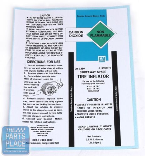 1967 Chevrolet Camaro SPARE TIRE INFLATOR BOTTLE DECAL 14" TIRE GM ...